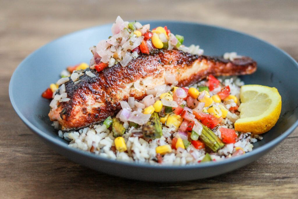 Blackened Salmon and Corn Salsa Rice Bowl | Lilies and Loafers